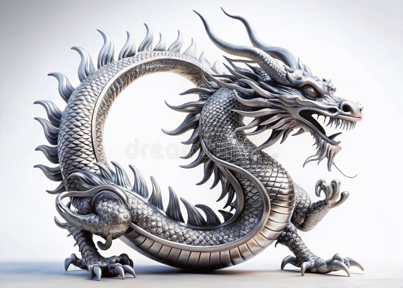 A Majestic Silver Dragon Statue with Encircling Baby Dragons a Powerful ...