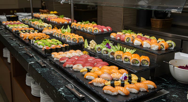 Exquisite Sushi Display at a Buffet Showcasing Various Styles and ...