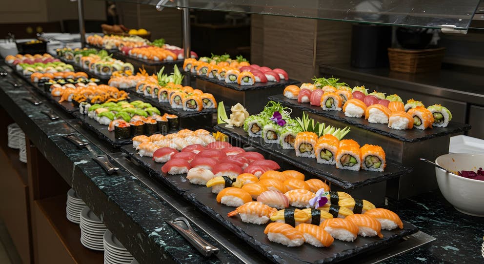 Exquisite Sushi Display at a Buffet Showcasing Various Styles and ...