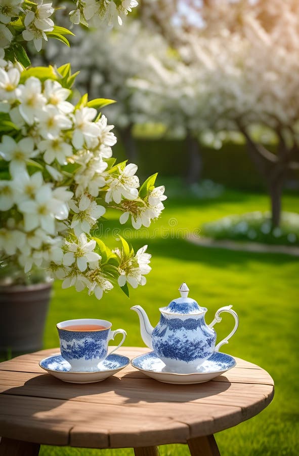 An Exquisite Tea Party in Spring Garden Under Blossoming Apple Tree ...