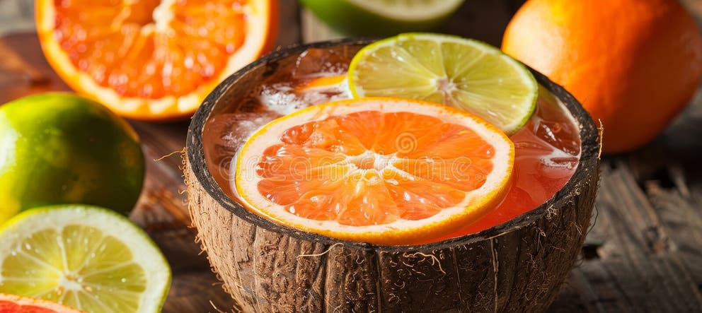 Exquisite Tropical Fruit Cocktail in a Coconut Shell with Ice for a ...