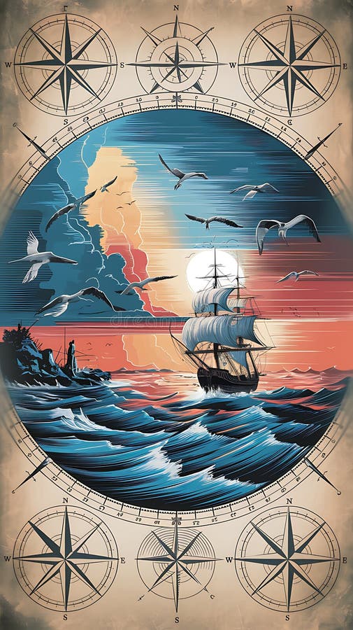 An Exquisite Vintage Maritime Chart Illustration Featuring a Majestic ...