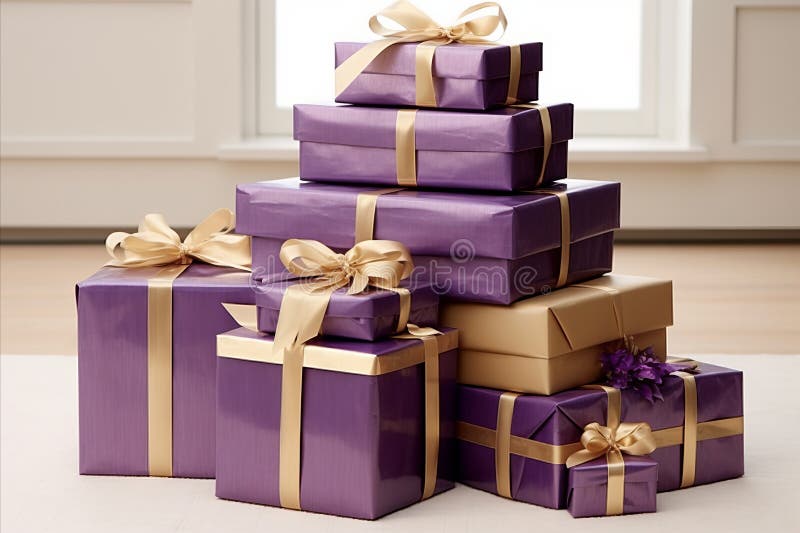 Beautifully Wrapped Multi-colored Gifts Tied with Decorative Ribbon on ...