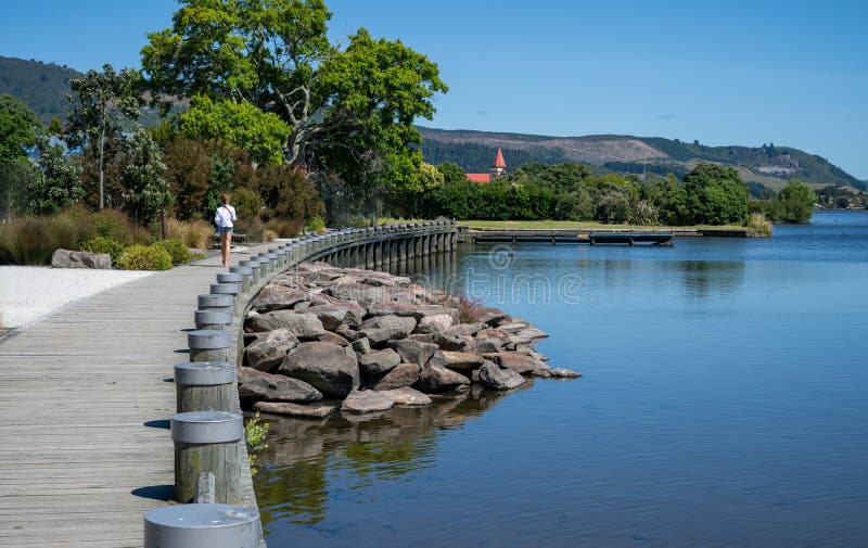 Lakefront boardwalk editorial stock image. Image of rotorua - 355343889