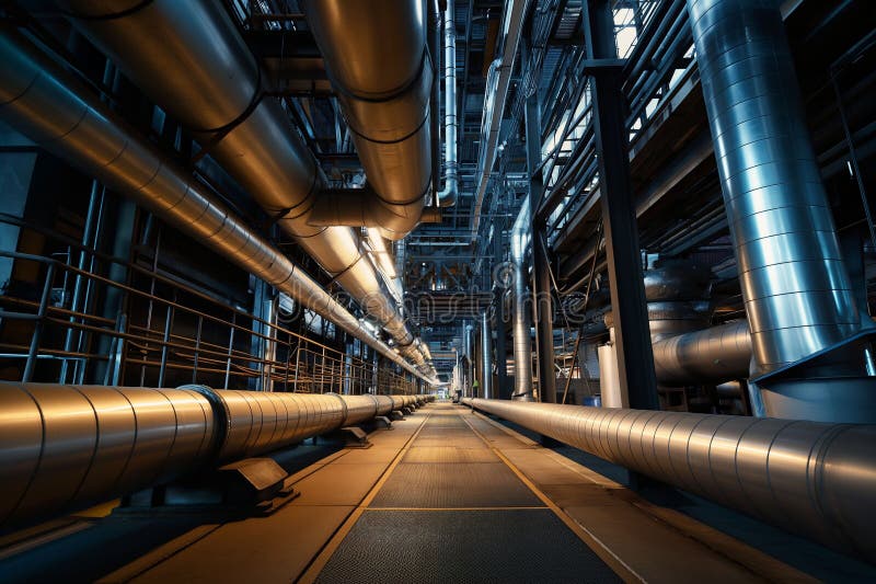 Extensive Array of Stainless Steel Pipes and Conduits in an Industrial ...
