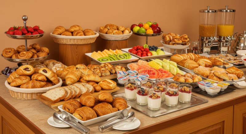 Extensive Breakfast Buffet with Pastries Fruit and Yogurt Stock ...