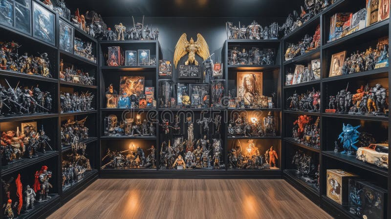 Extensive Collectibles Display in a Dark Room Stock Illustration ...