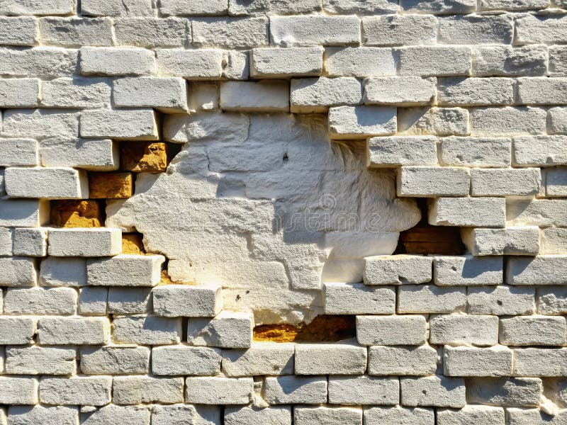 Extensive Damage To White Brick Wall a Panoramic CloseUp Reveals a ...