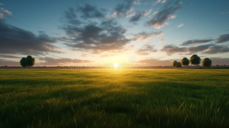 Extensive Lawn and Sun Set on the Horizon Land Scape. Generative Ai ...