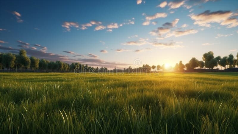 Extensive Lawn and Sun Set on the Horizon Land Scape. Generative Ai ...