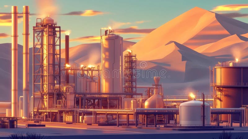 Oil Extraction Setup in a Mountainous Region during Sunset Hours with ...