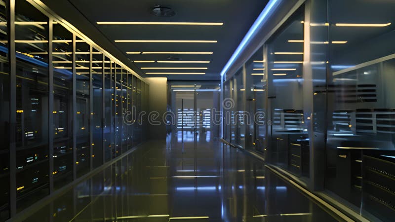Rows of Servers are Seen in a Data Center, Illuminated by Bright ...
