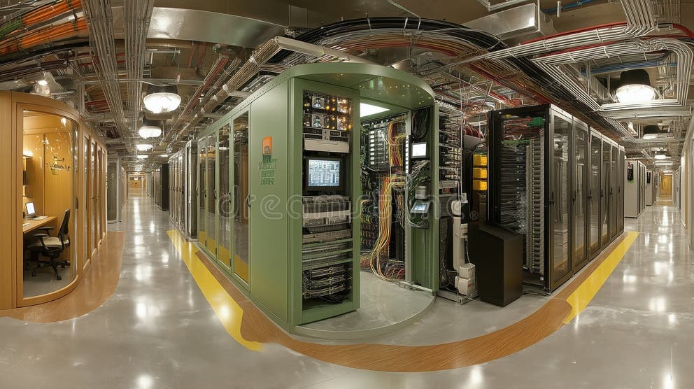 Extensive Server Room Interior with Green Racks Stock Illustration ...