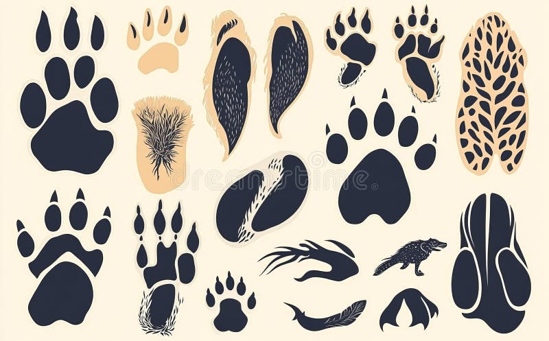 Extensive Set of Animal and Bird Track Imprints on a White Backdrop ...