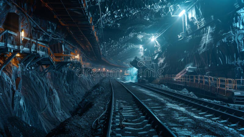 Extensive Underground Mining Operation with Illuminated Tracks and ...