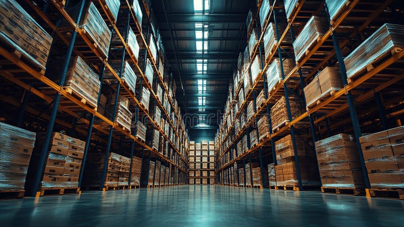 Extensive Warehouse Inventory: Rows of Pallets and Boxes in a Modern ...