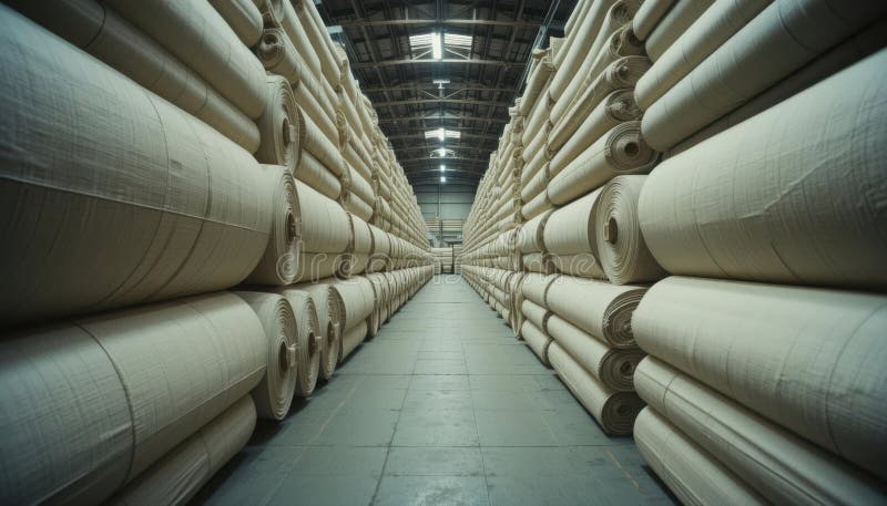 Extensive Warehouse Storage Facility with Colossal Stacks of Rolled Industrial Fabric Materials ...