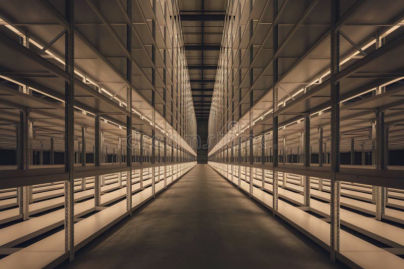 Extensive Warehouse Storage Rows Illuminated Shelving, Modern Logistics ...