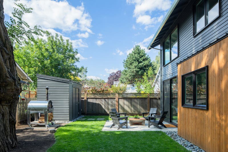 Exterior of an ADU that Features a Large Backyard Stock Image - Image ...