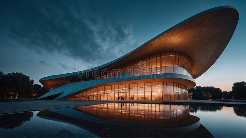 The Exterior of an Angular Building at Dusk with Reflection in Water ...