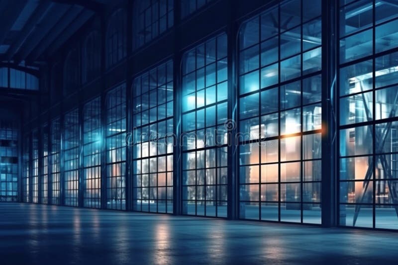 Exterior of Big Modern Warehouse with Windows at Night, AI Generative ...