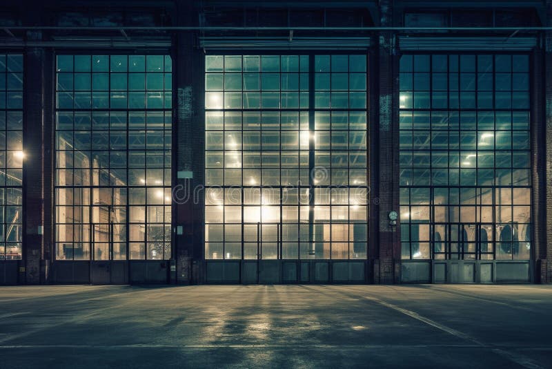 Modern Big Warehouse Building Facility Exterior with Windows at Night ...