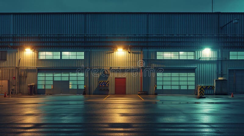 Exterior of Big Warehouse with Windows at Night Stock Illustration ...
