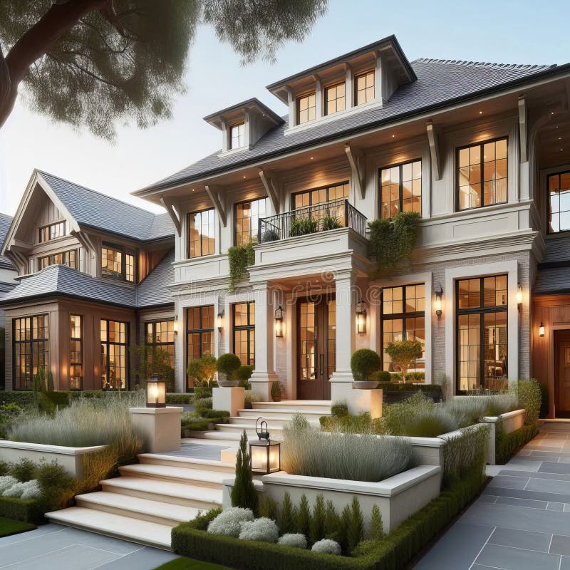 Exterior Blend of Traditional and Modern Elements with a Focus O Stock ...