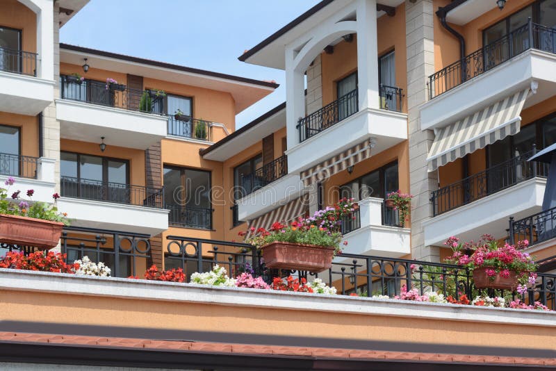 Exterior of Building with Balconies on Sunny Day Stock Image - Image of ...