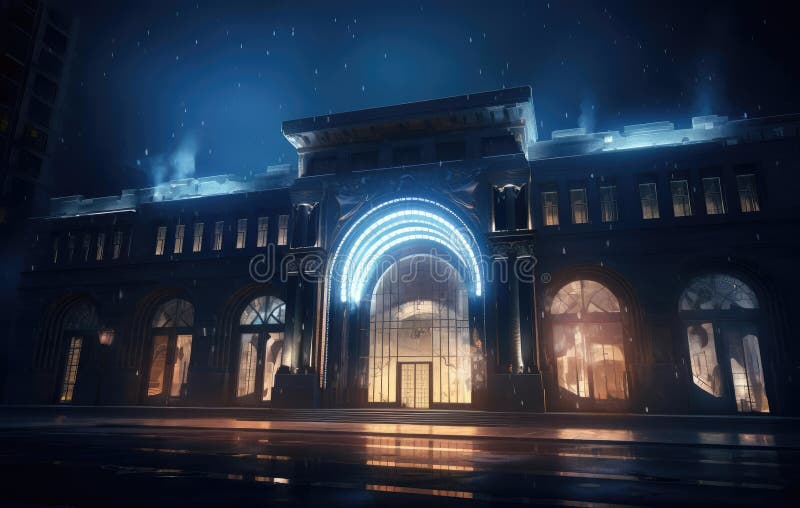 The Exterior of the Building with Luminous Lines Stock Illustration ...