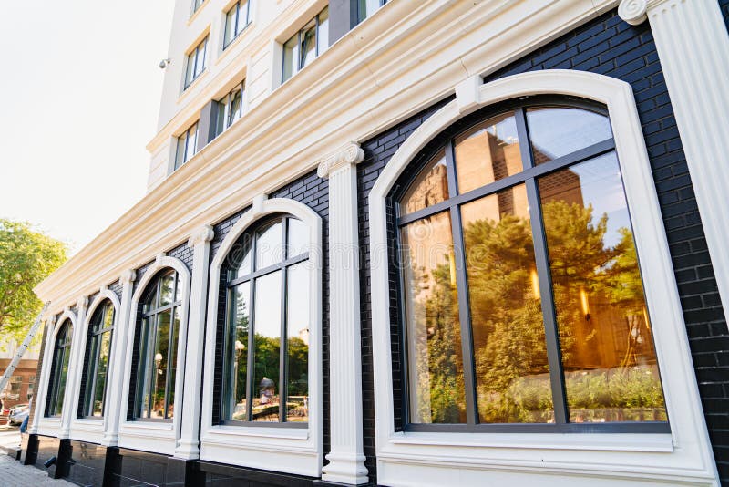Exterior of the First Floor of a Multi-storey Building. Large Windows ...