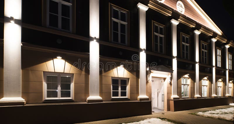 Exterior of Illuminated Modern Building. City Architecture. Stock Image ...