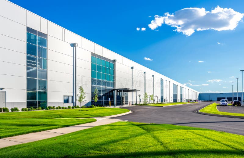 Exterior of Large Modern Warehouse with Blue Sky Stock Photo - Image of ...