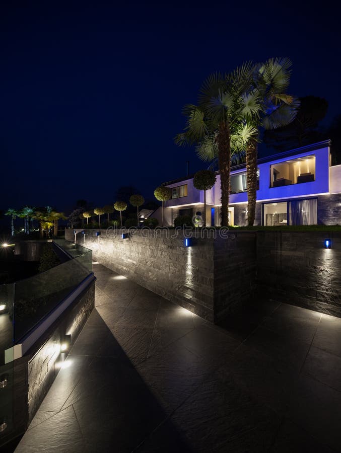 Exterior of Luxurious Modern Villa, Night Scene Stock Image - Image of ...