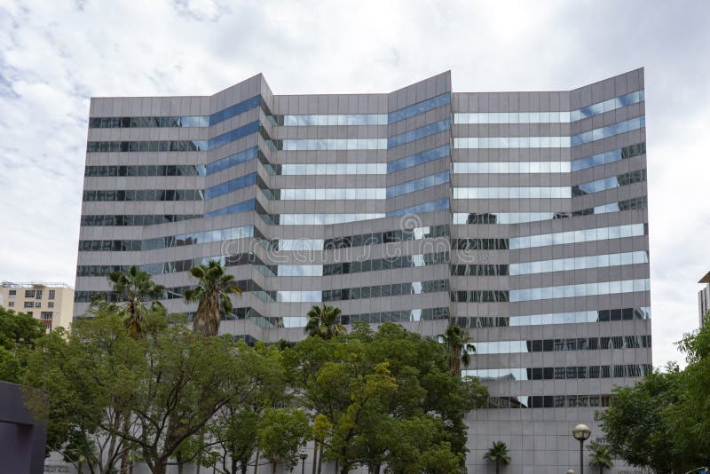 Exterior of Modern Building in Los Angeles with Palm Trees Around Stock ...