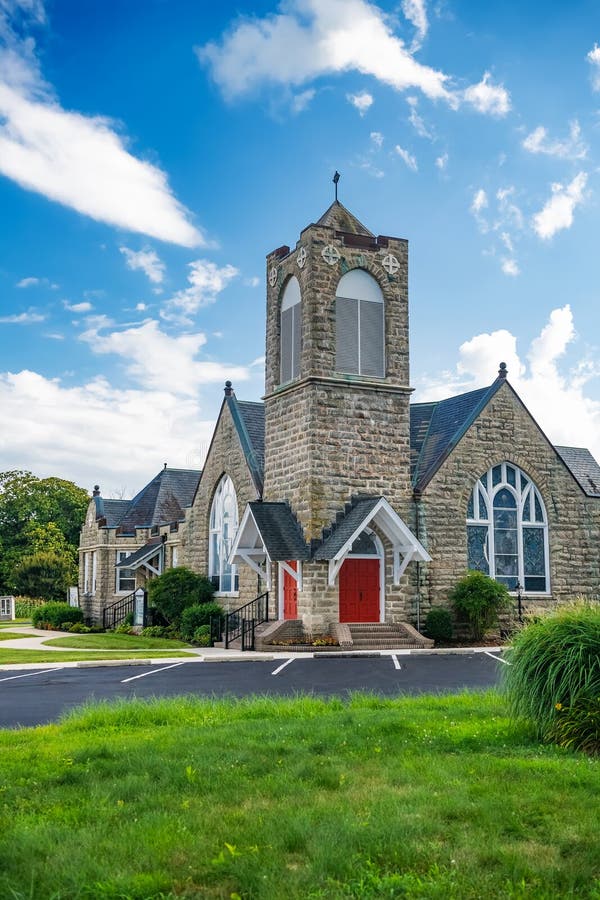 Exterior of Modern Church with Red Doors. Summer Day, Blue Sky ...