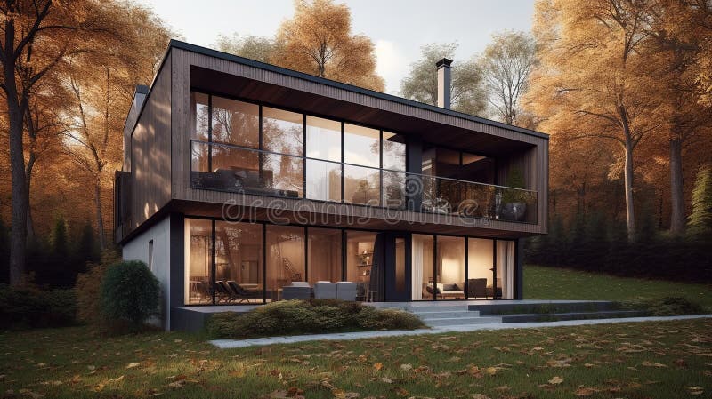 Exterior of Modern House with Large Windows Stock Illustration ...