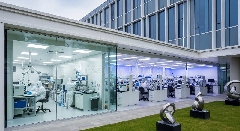 Exterior of Modern Laboratory Featuring Scientists Working in Cleanroom ...