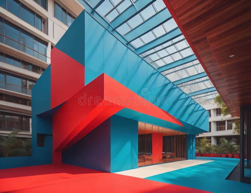 Exterior of Modern Office Building with Red and Blue Geometric Pattern ...