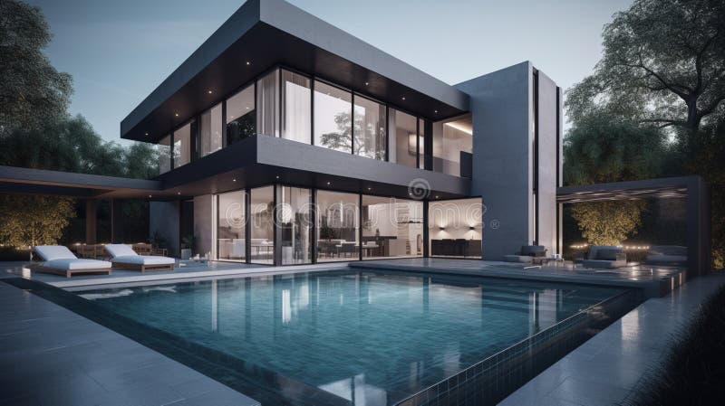 Exterior Modern White Villa with Pool Stock Illustration - Illustration ...