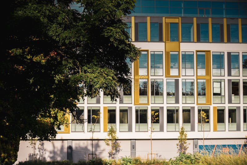 Exterior of Office Building in a City Centre with Green Space and Trees ...