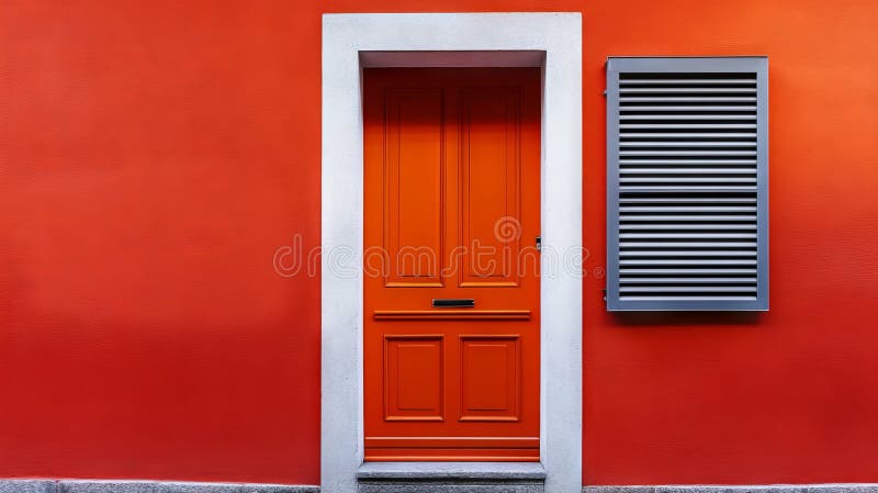 An Exterior of an Orange Building Featuring an Orange Door and a Metal ...