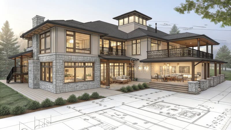 Exterior Perspective Stone House, Plan Overlay, Dusk Rendering Stock ...