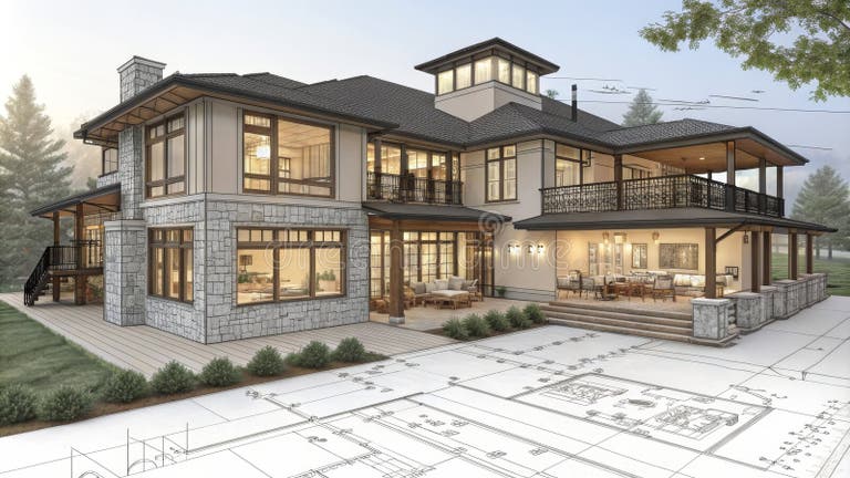 Exterior Perspective Stone House, Plan Overlay, Dusk Rendering Stock ...