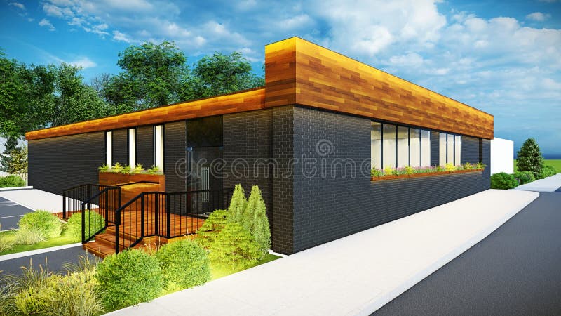 Exterior Render of One Story Restaurant or Commercial Building Stock ...