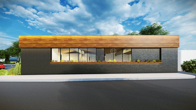 Exterior Render of One Story Restaurant or Commercial Building Stock ...