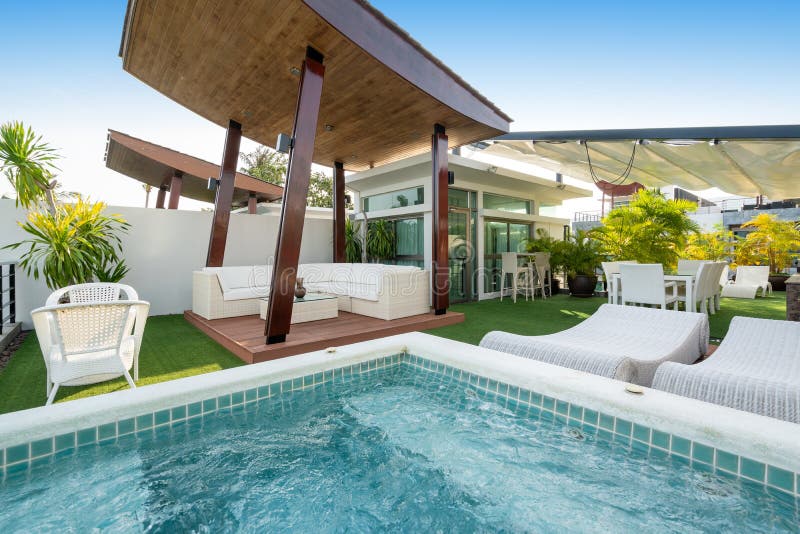 Exterior Rooftop Balcony with Swimming Pool and Pavilion Stock Photo ...