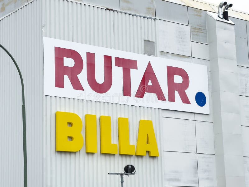 Exterior of Rutar and Billa Store Signage on Corrugated Building ...