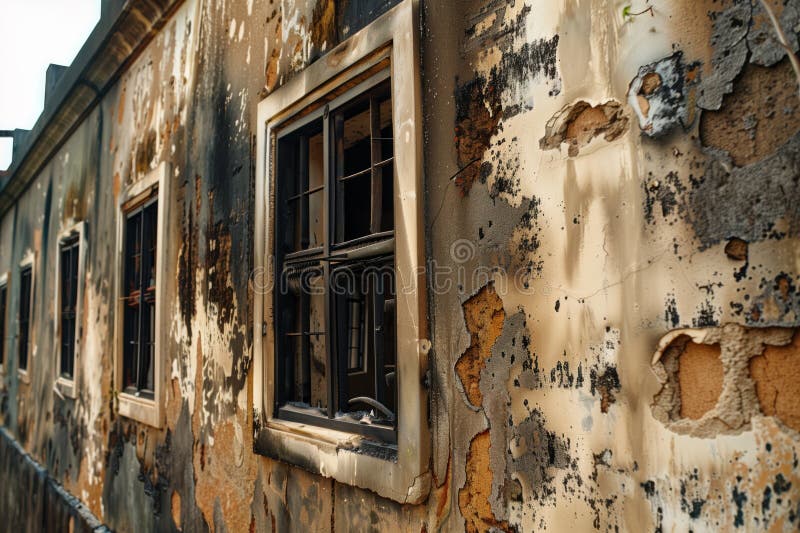 Exterior Shot of Burnt Walls, Empty Windows Stock Photo - Image of ...