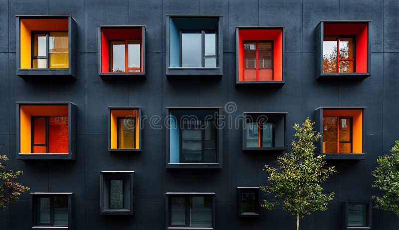 Modern Architecture Facade with Colorful Windows and Trees, Geometric ...